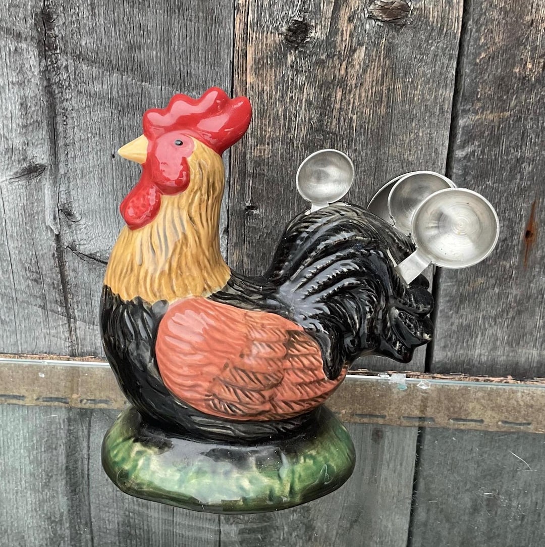 Vintage Ceramic Rooster Measuring Spoon Holder 4 Metal Spoons Chicken ...