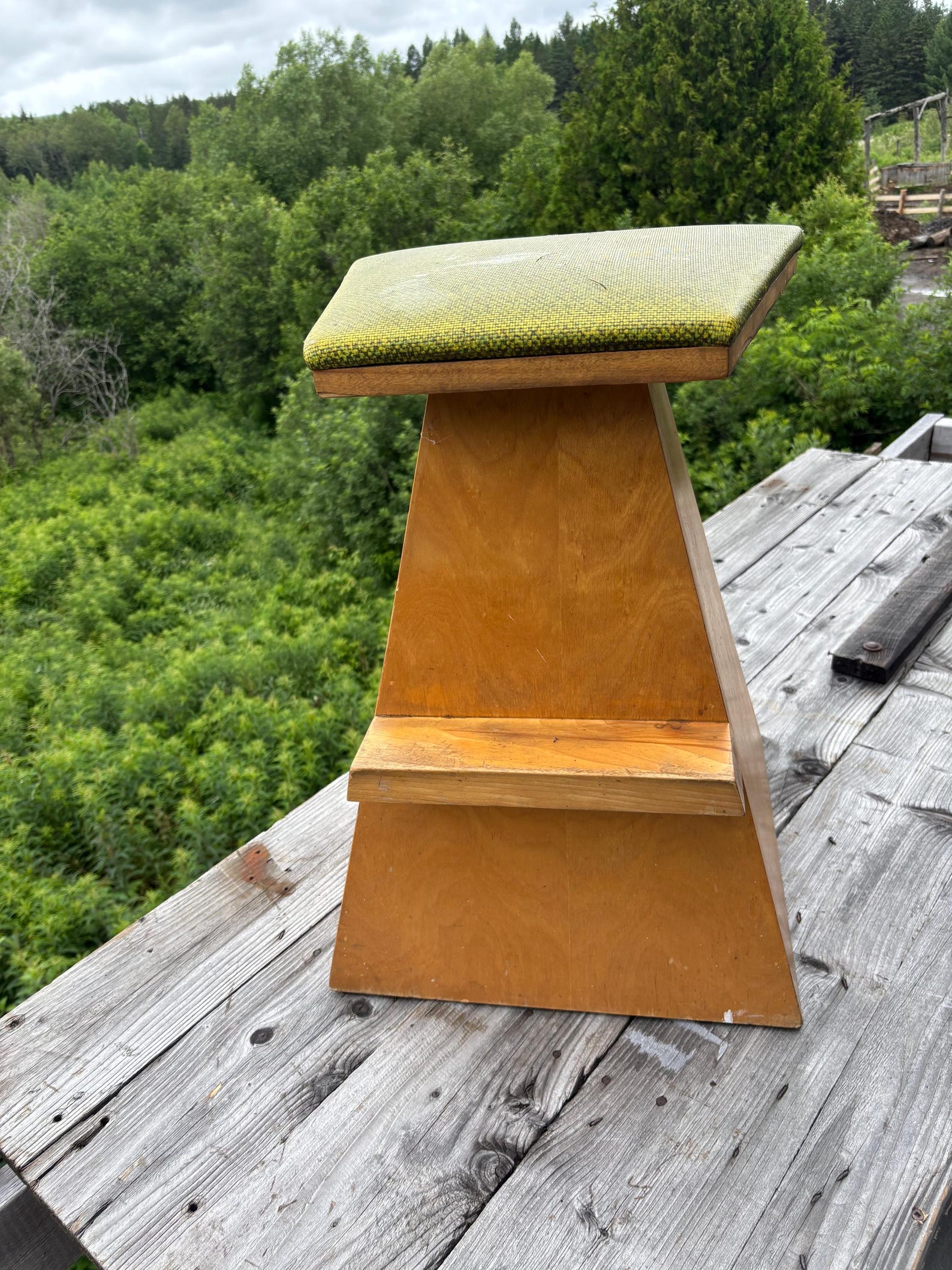 Vintage Handmade Cubist Stool. Wooden Stool With Green Vinyl Seat and ...