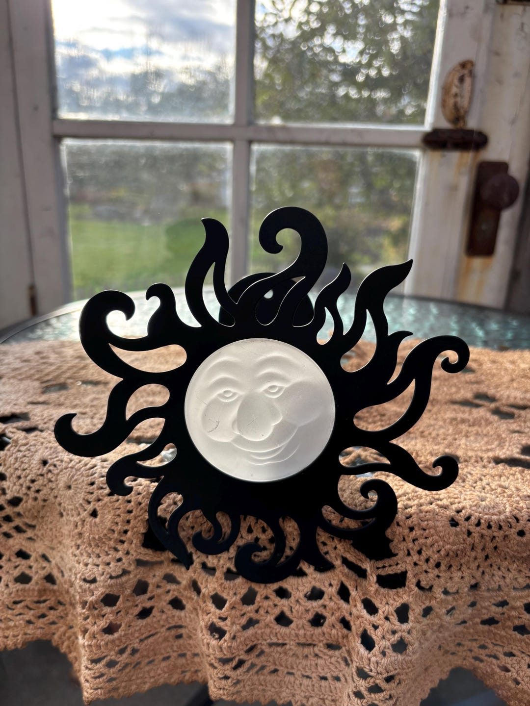 Partylite Sun Frosted 3D Glass Face & Black Metal Votive Wall Sconce ...