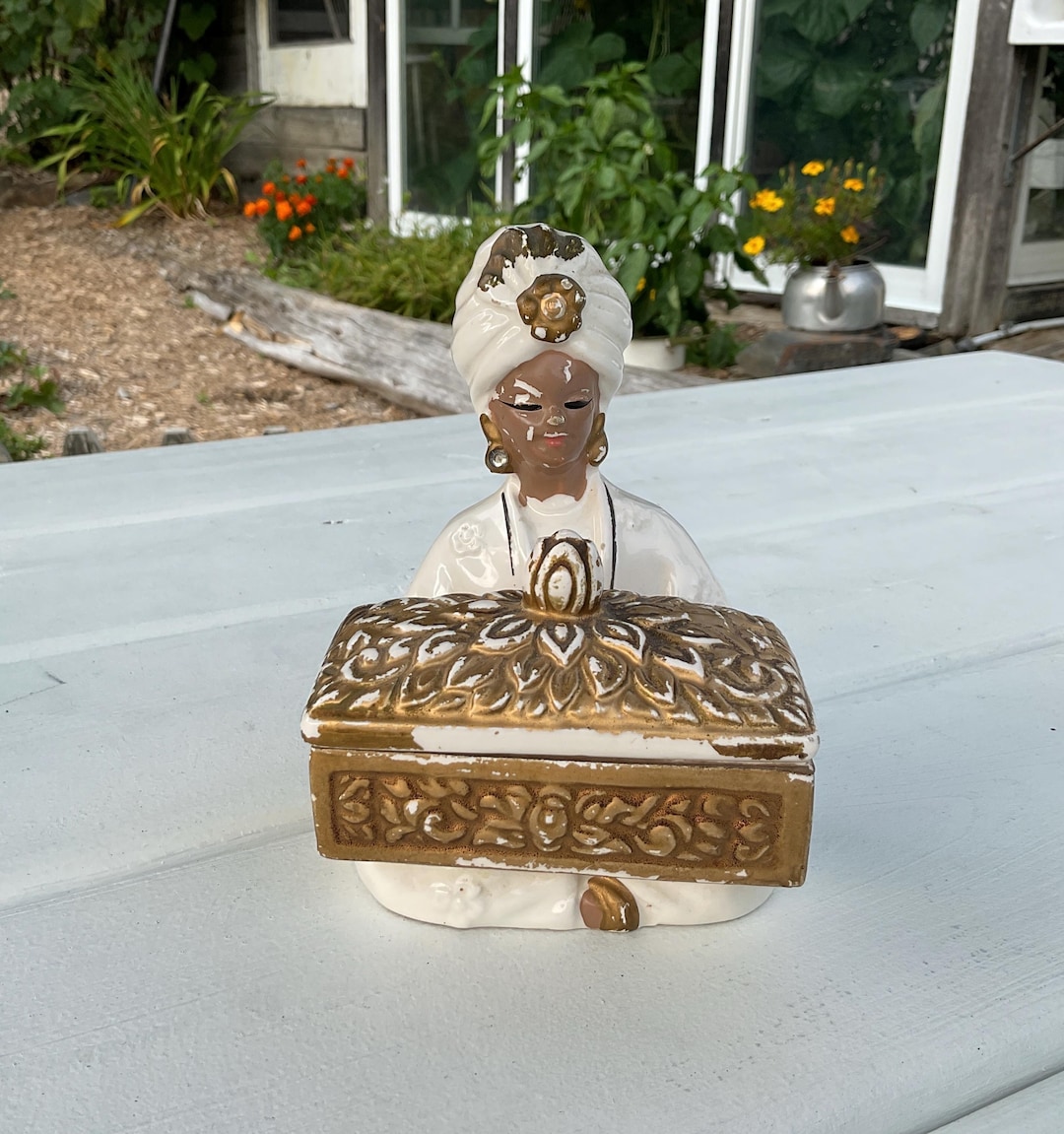 Vintage Enesco Sitting Gypsy Ceramic Trinket Box With Treasure Chest ...