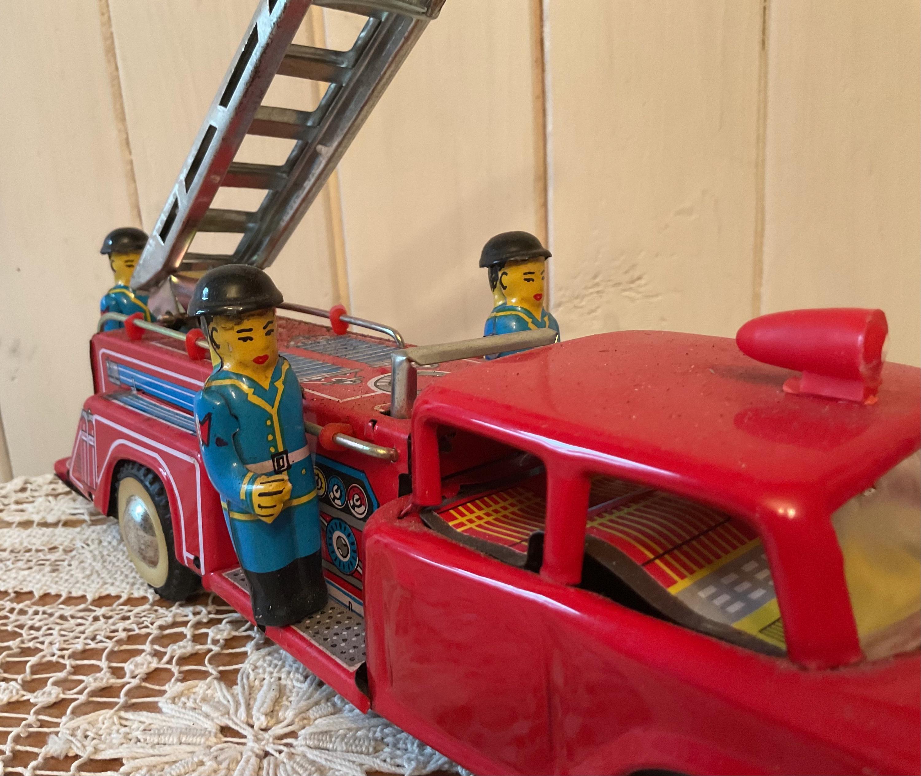 VINTAGE Fire Truck With Siren Friction Toy, Ladder Extended, Wheels ...