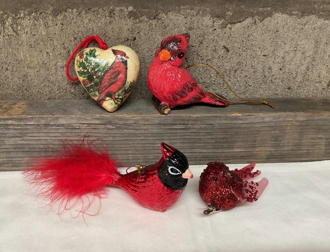 Set of 4 Vintage Red Cardinal Bird Christmas Tree Ornaments Clip and ...