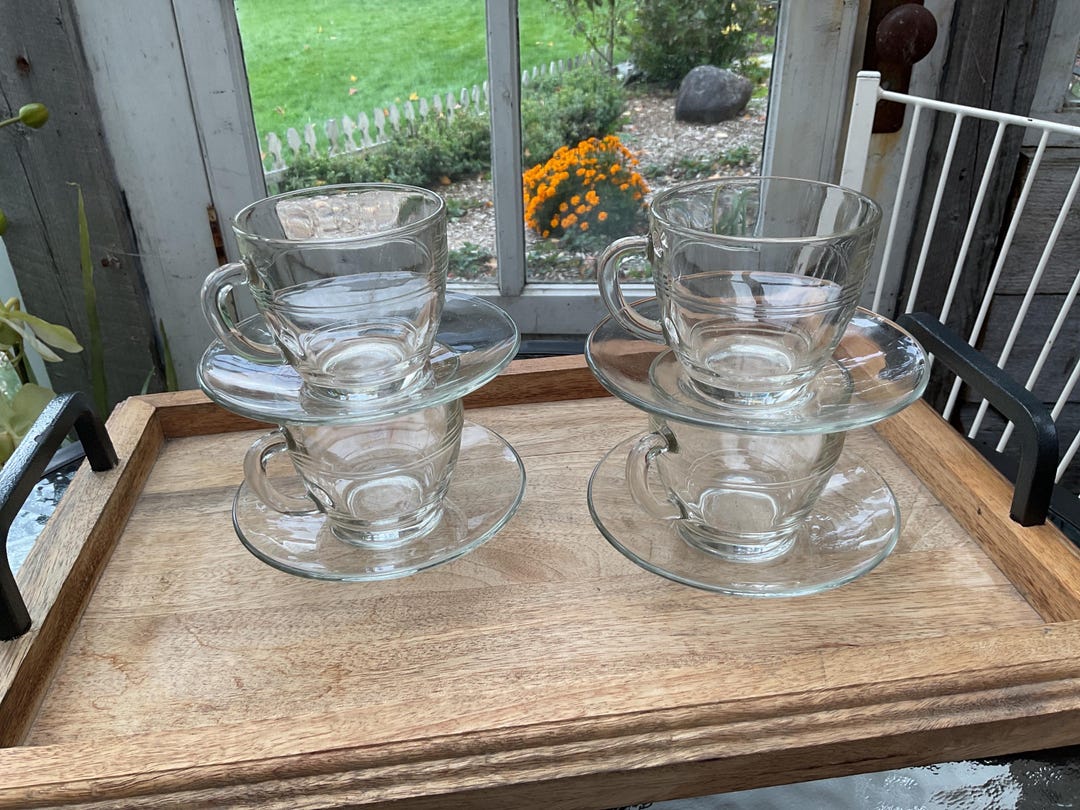 Set of 4 Small Duralex France Coffee Cups and Saucer Transparent Glass ...
