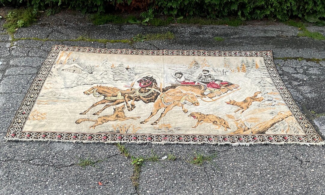 Antique Tapestry Russiantroika Sleigh Forest Wolves Attacking 47" X 72 ...