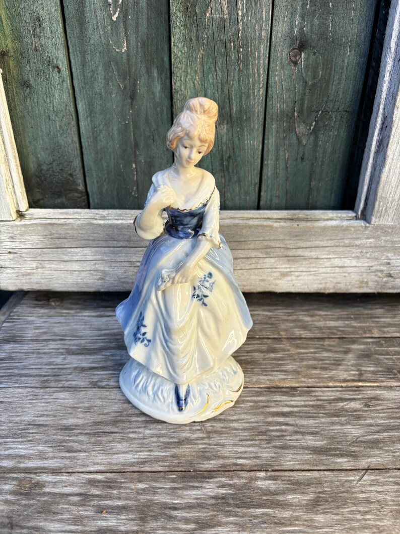 Vintage Victorian Style Delft Blue White Figurine, Woman Porcelain ...