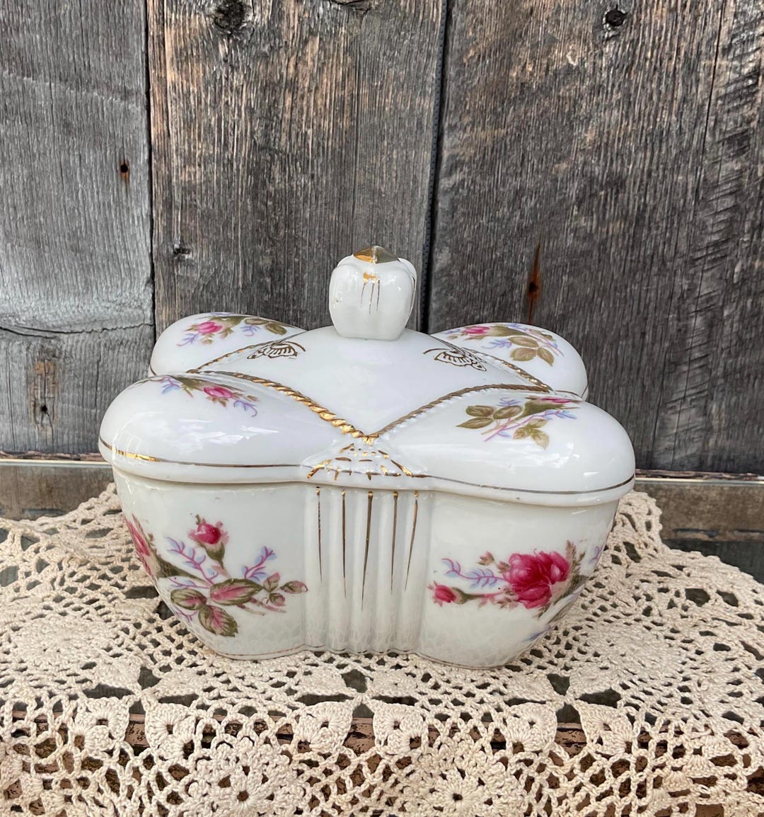 Vintage Lipper Mann (L&M) Bond Ware Porcelain Trinket Box Pink Roses ...