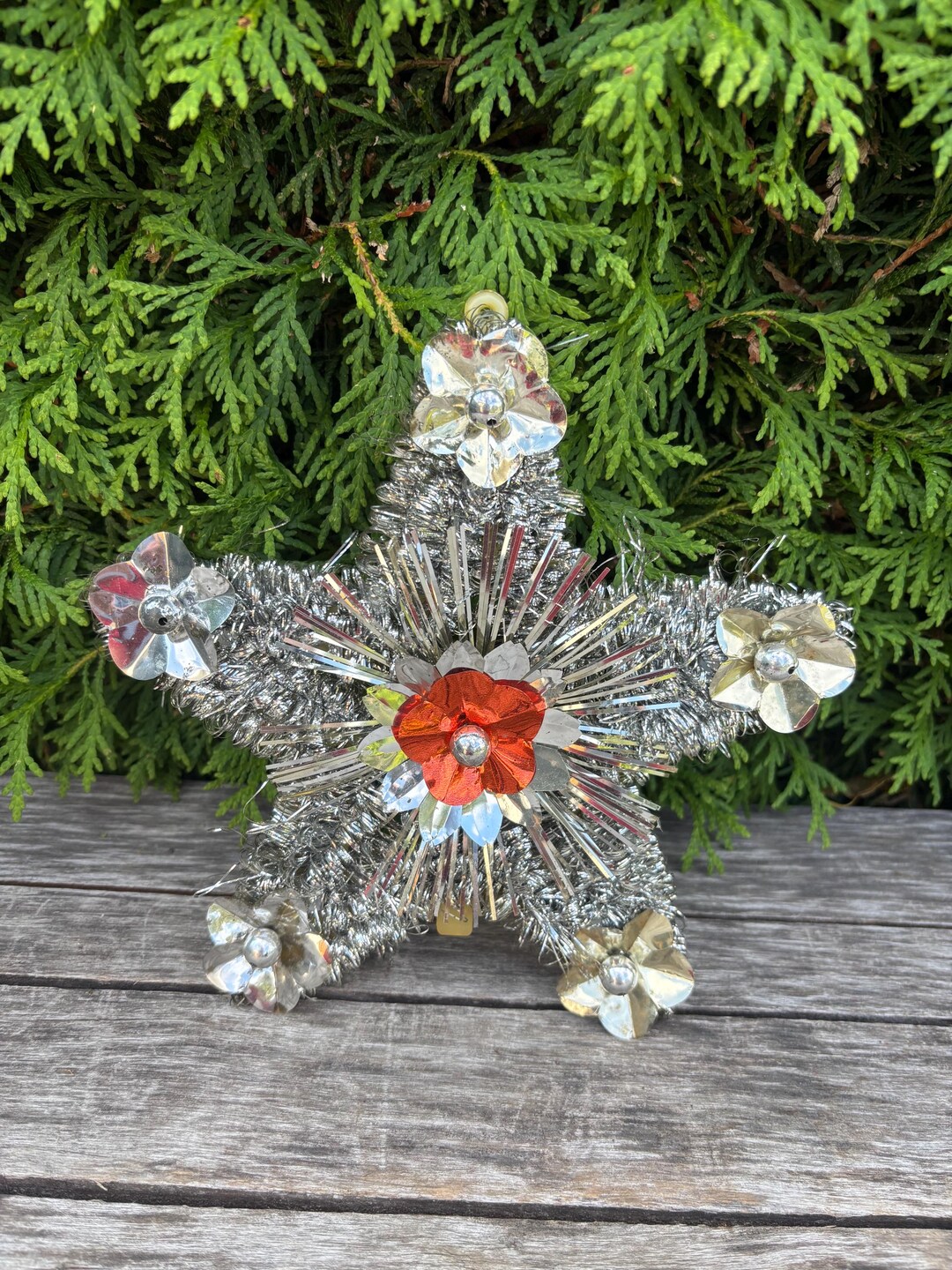 Kitschy 70s Vintage Red and Silver Tinsel Star Tree Topper. Made in ...