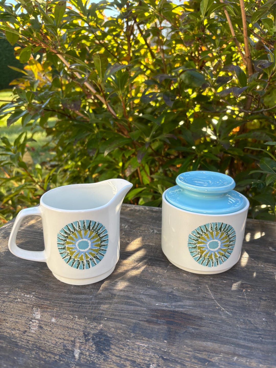 60s Meakin 'aztec' Small Milk Jug & Sugar Bowl, Pretty Green and Blue ...