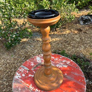 Vintage 70s Standing Ashtray, Wooden With Large Brown Smoked Glass ...