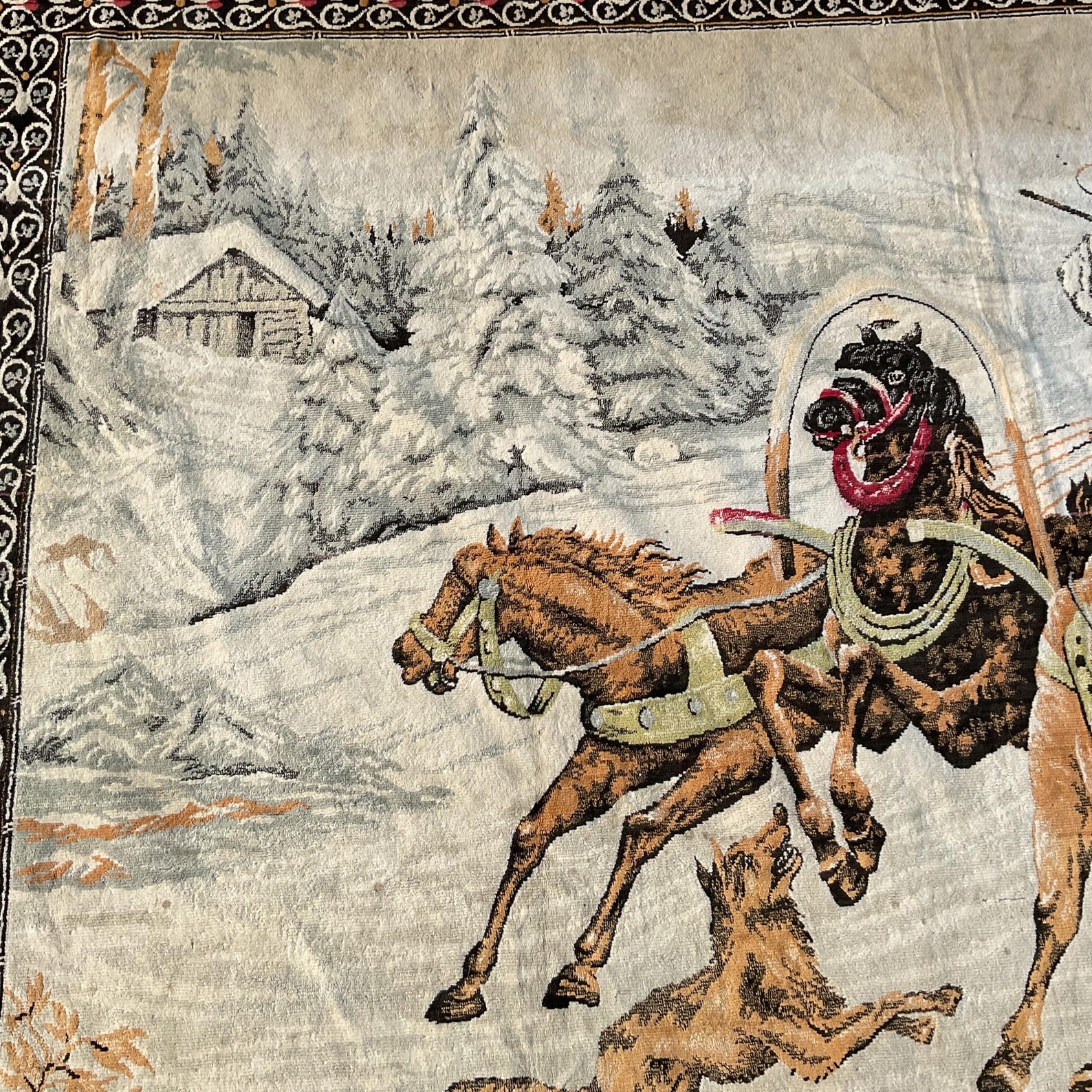 Antique Tapestry Russiantroika Sleigh Forest Wolves Attacking 47" X 72 ...