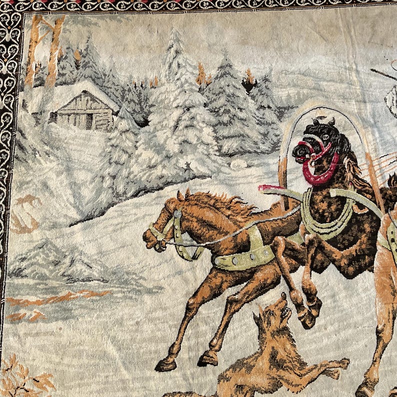 Antique Tapestry Russiantroika Sleigh Forest Wolves Attacking 47" X 72 ...