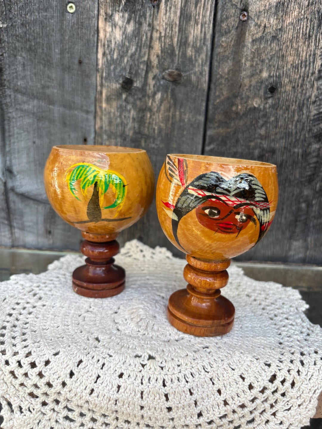 Vintage 2 Venezuela Handmade and Hand Painted Wooden Polished Goblets ...