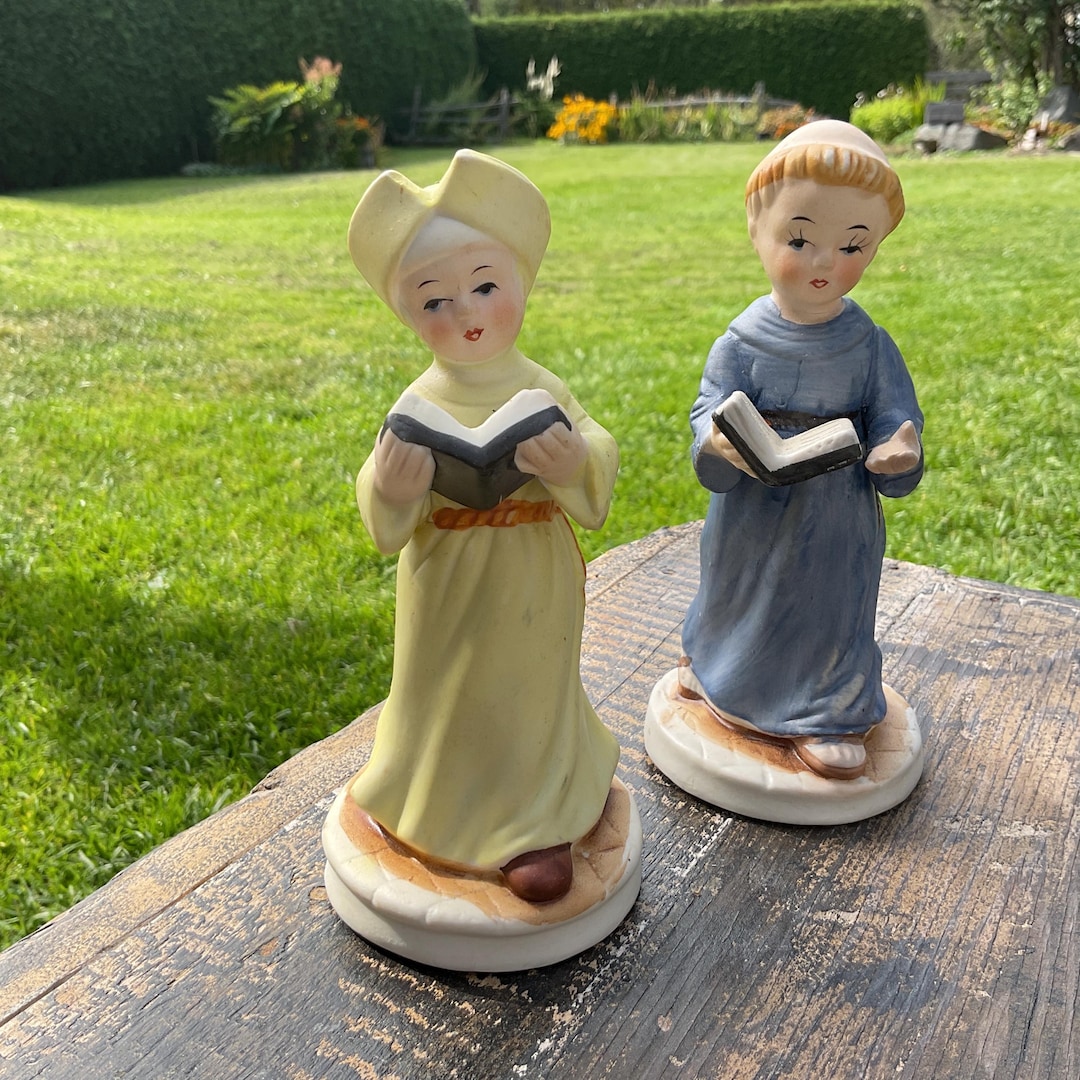 Vintage Set of 2 Religious Figurines Catholic Monk & Nun Ceramic Figure ...