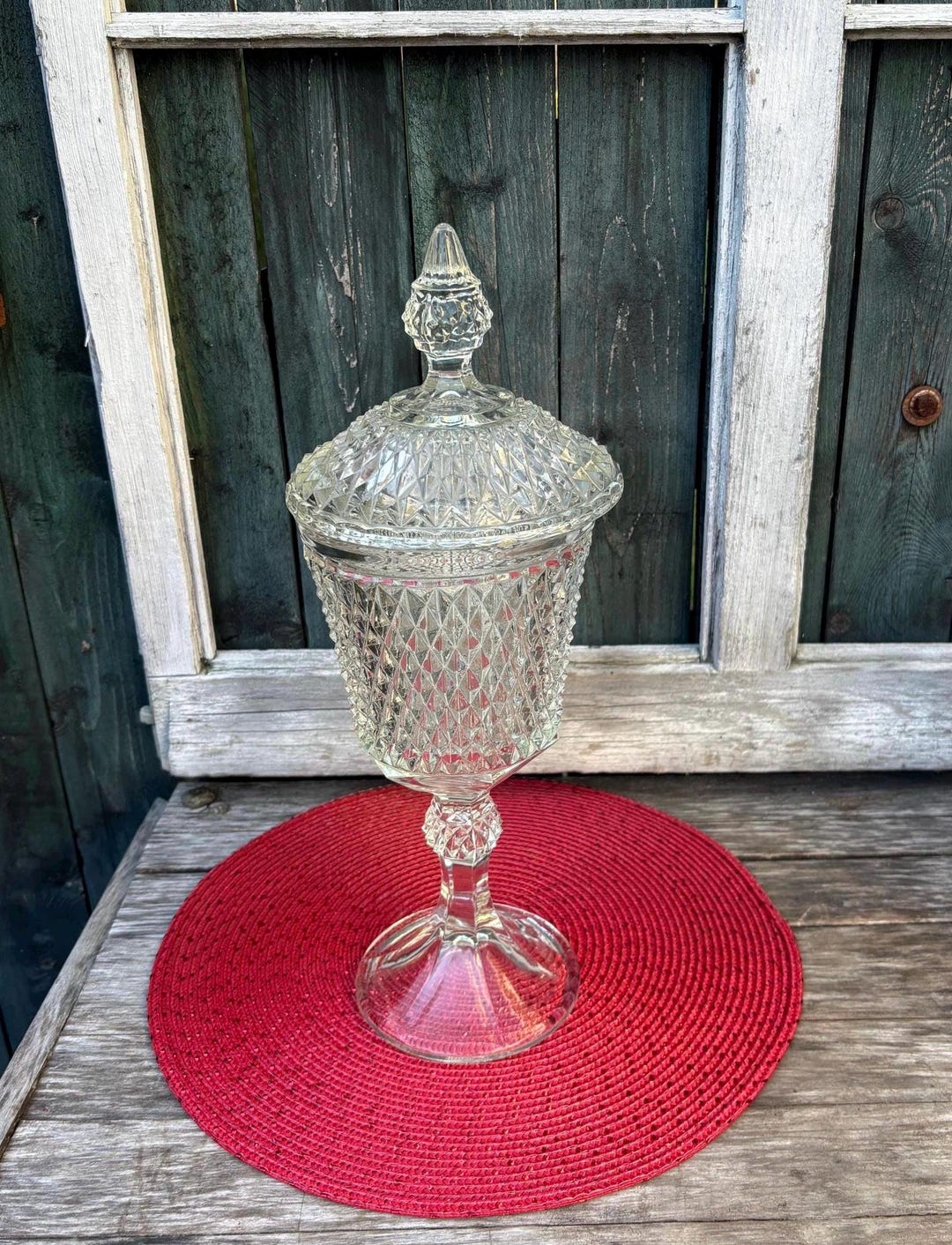 Vintage Indiana Glass Diamond Point Lidded Clear Pressed Glass Compote ...