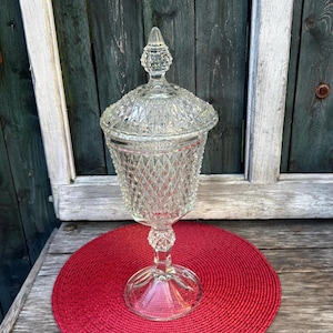 Vintage Indiana Glass Diamond Point Lidded Clear Pressed Glass Compote ...