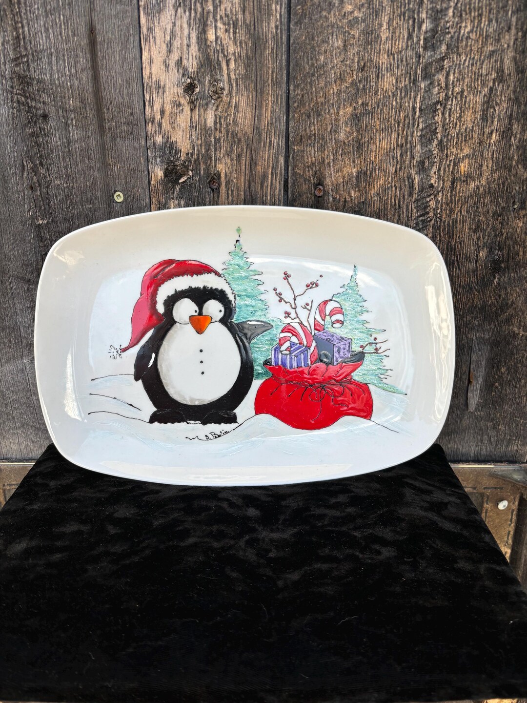Vintage Christmas Penguin Plate Handpainted . Penguin With Santa's Gift ...