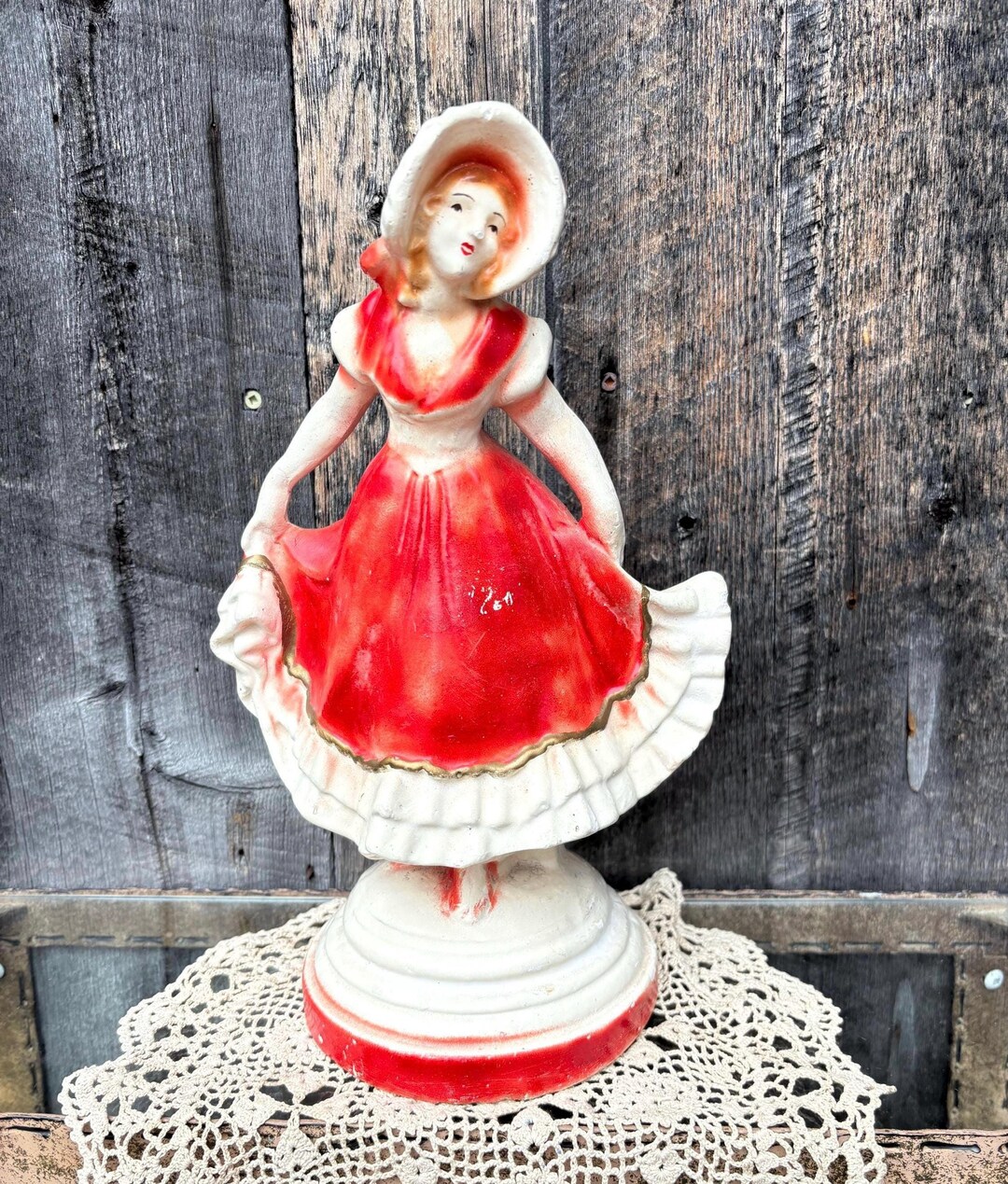 Vintage Plaster Girl Statuette, Plaster Figurine, Red Dress. - Etsy