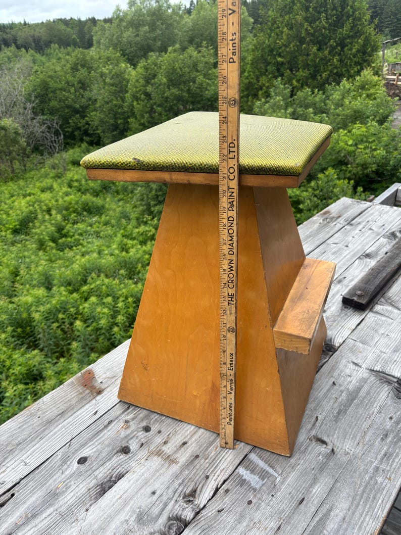 Vintage Handmade Cubist Stool. Wooden Stool With Green Vinyl Seat and ...