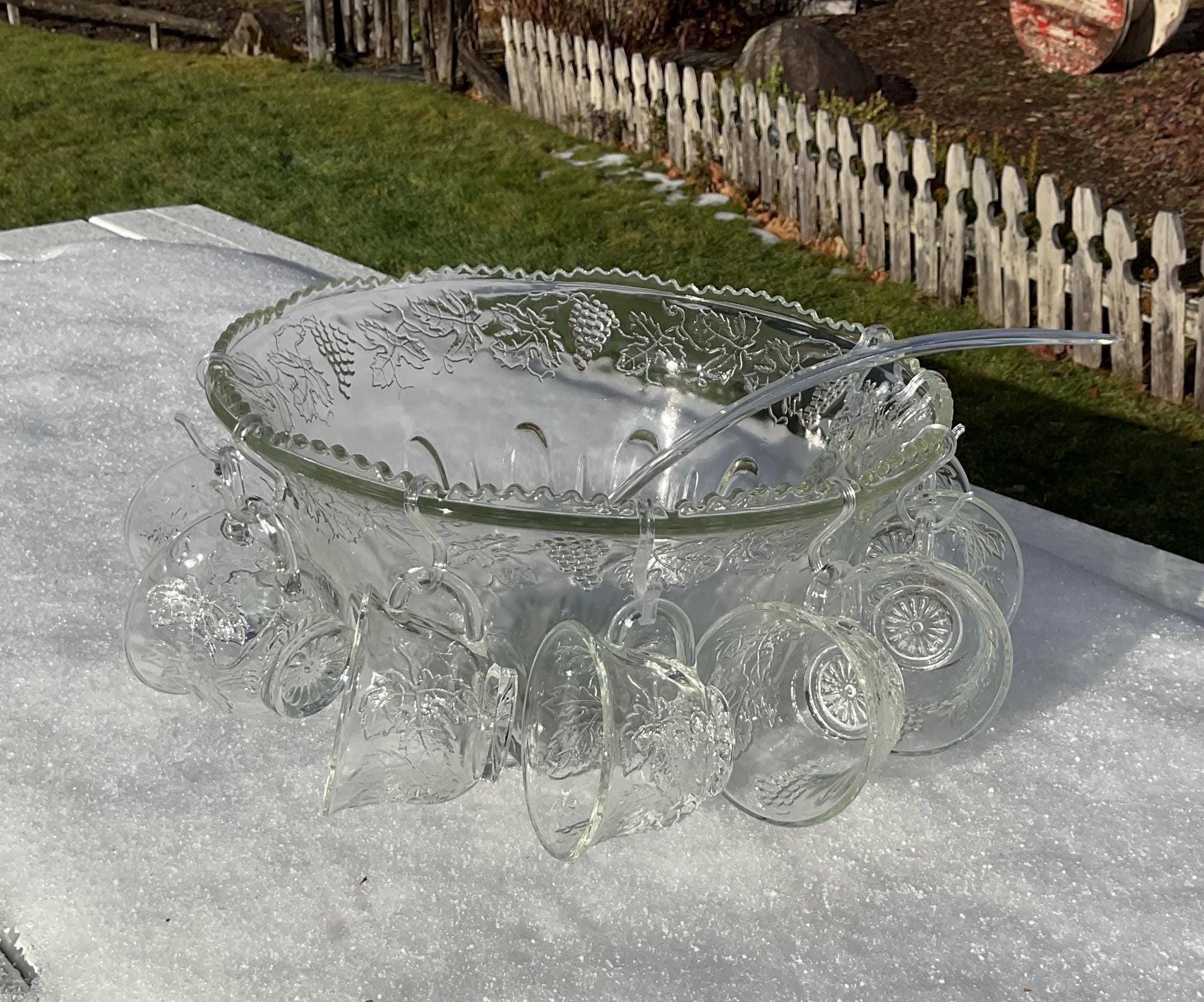 Indiana Glass Clear Punch Bowl Harvest Grapes Pattern and 8 Cups ...