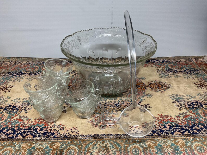 Indiana Glass Clear Punch Bowl Harvest Grapes Pattern and 8 Cups ...