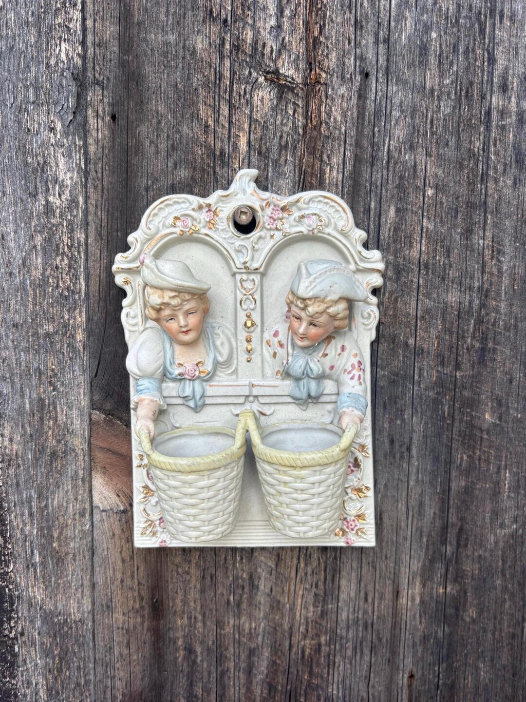 Vintage Porcelain Wall Pocket Match Holder, Man & Woman With Baskets by ...