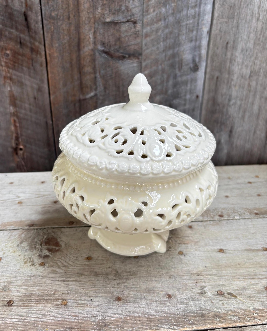 Filigreed Trinket Jar, Candy Dish, Off-white, Ceramic, Cut Outs ...