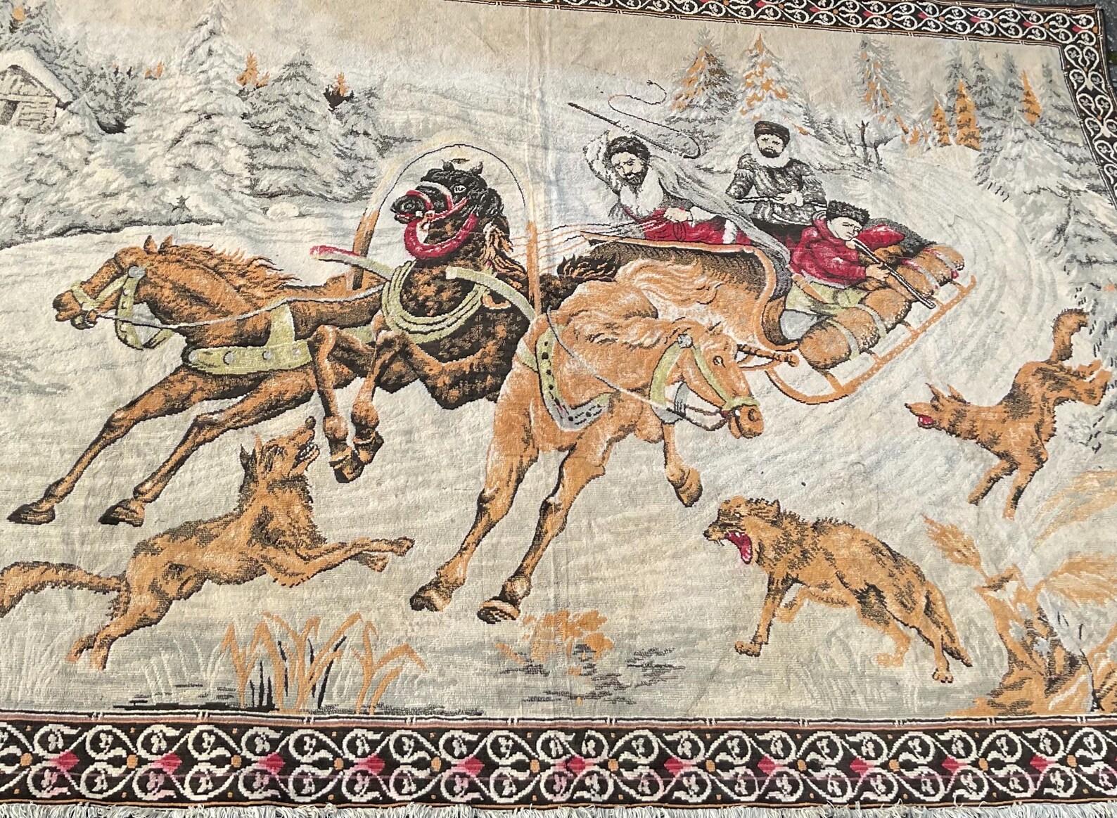 Antique Tapestry Russiantroika Sleigh Forest Wolves Attacking 47" X 72 ...