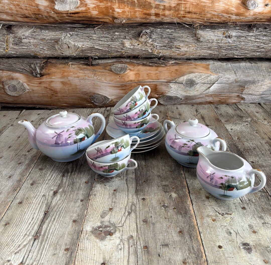 Vintage Takito Japan Lusterware Teapot Set Hand Painted Country Scene ...