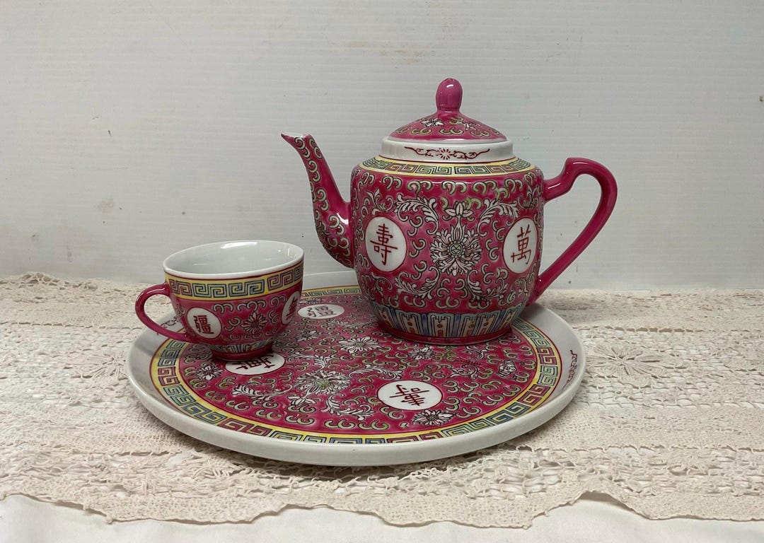 Vintage Chinese Export Red Ceramic Mun Shou Longevity Tea Set, 1 Teapot ...
