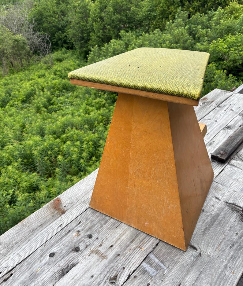 Vintage Handmade Cubist Stool. Wooden Stool With Green Vinyl Seat and ...