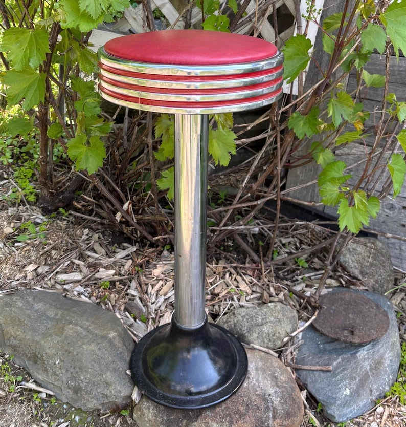 Mid Century Modern Diner Bar Stool Red Vinyl Swivel Chrome and Black ...