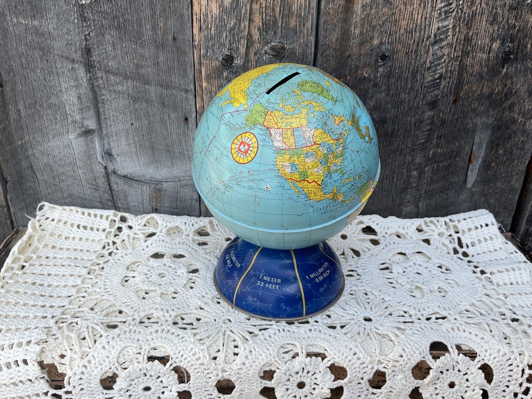 Vintage 1960s Tin Small Globe Coin Bank Ohio Art Co. Made in the USA 7 ...