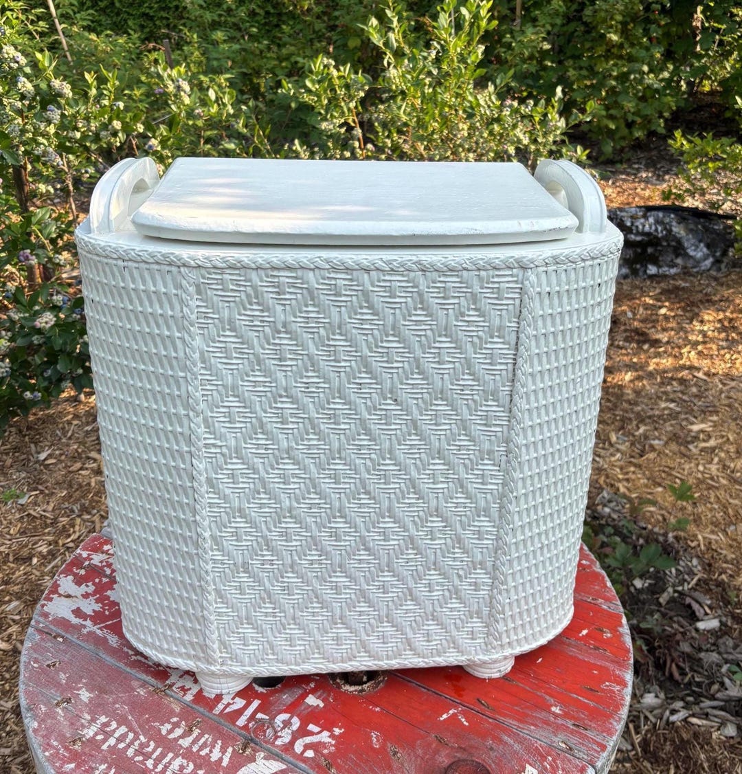 1950s Wicker Clothes Basket Wood Hinged Top Old White Paint Paper Woven ...