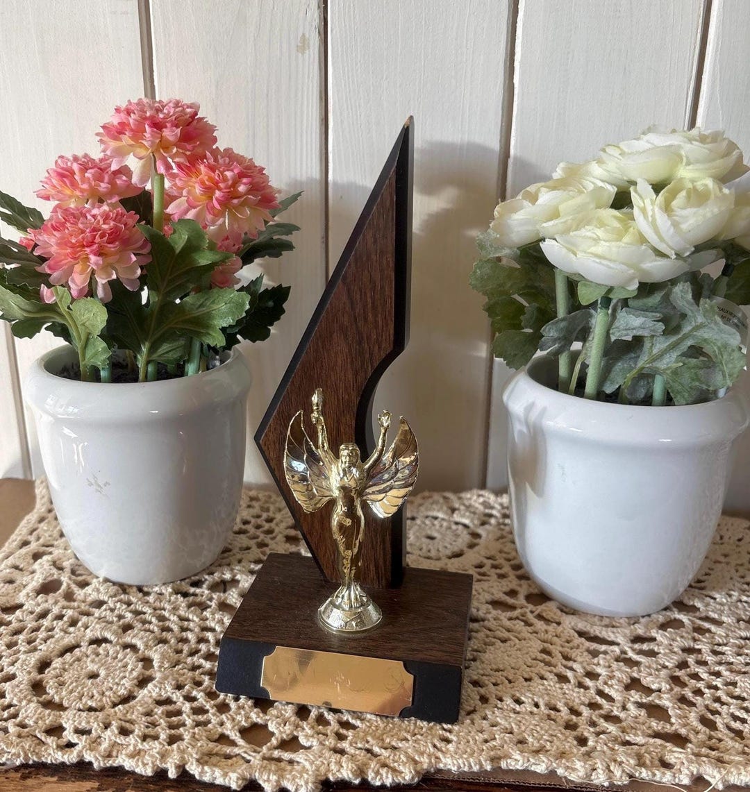 Vintage Wood & Metal Trophy. Winged Figurine Carrying a Torch. Damaged ...