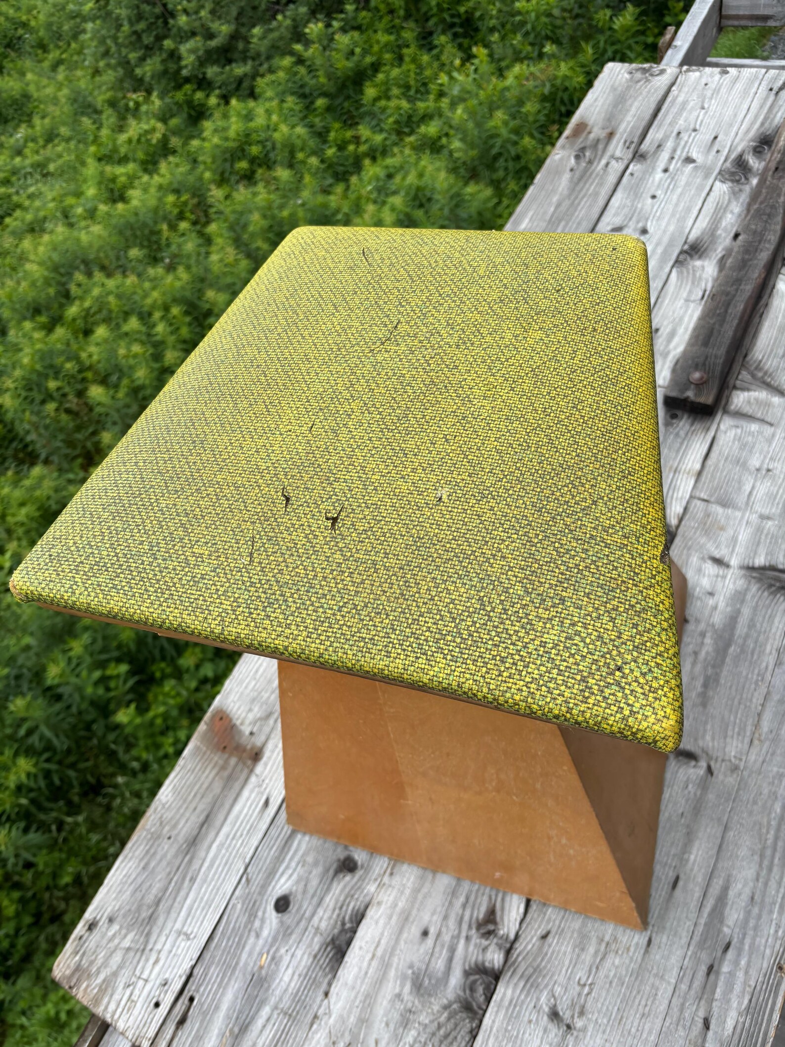 Vintage Handmade Cubist Stool. Wooden Stool With Green Vinyl Seat and ...