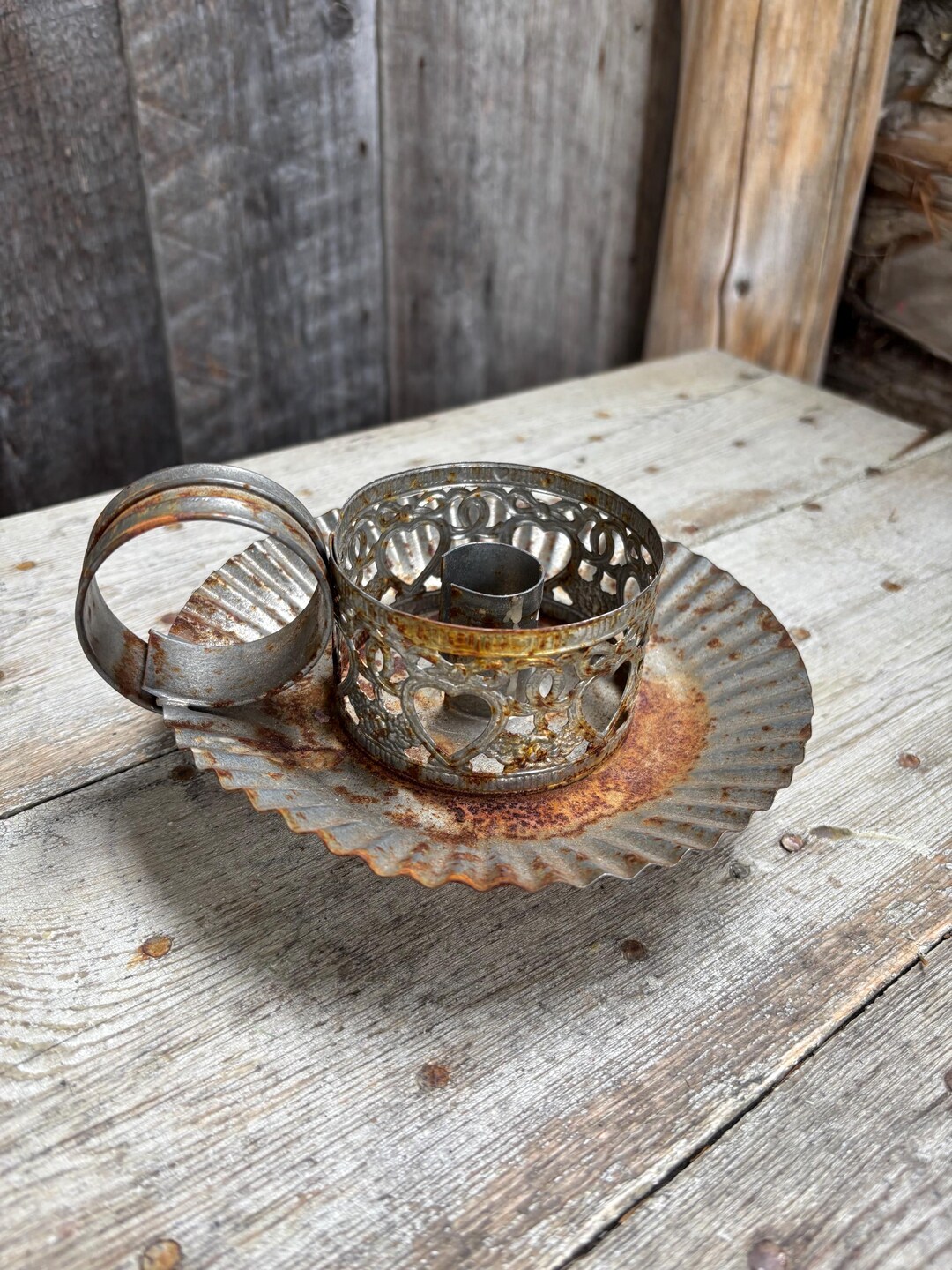 Victorian and Colonial Style Crimped Iron Chamberstick Candle Holder With Filigree Candlestick ...