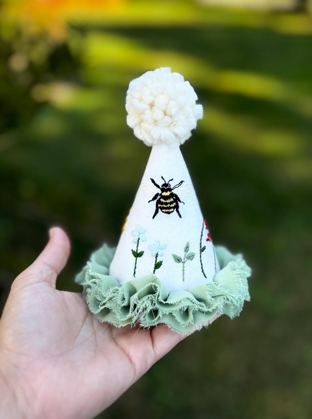 Handmade Bee Birthday Party Hat: Embroidered Cotton, Chiffon Frill - Etsy