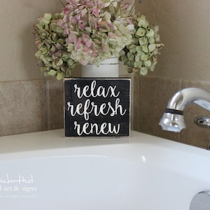 Relax Refresh Renew Bathroom Sign Mini Block Wood Kids Bath Decor Wood ...