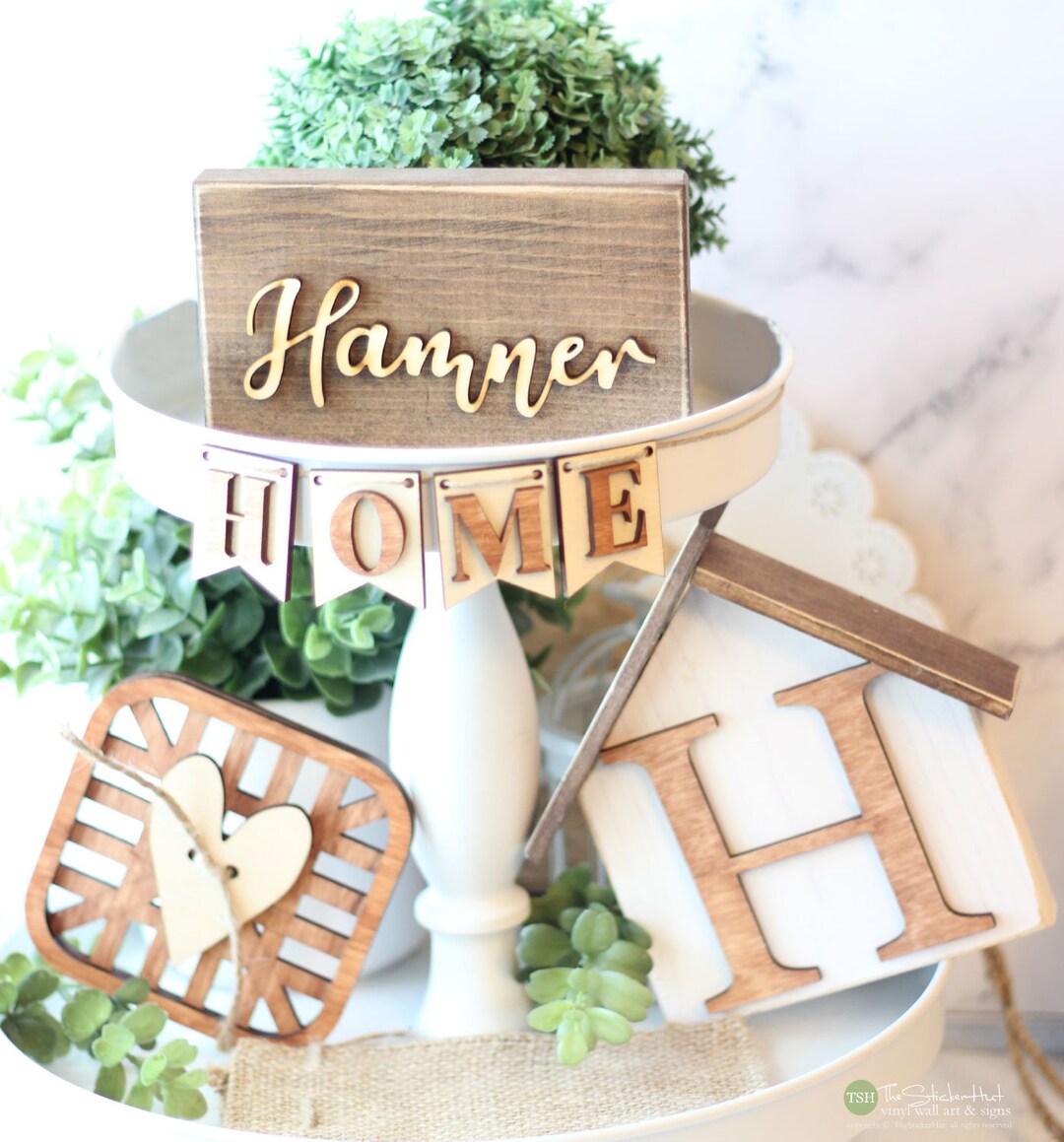 Family Farmhouse Signs Initial Monogram House Tiered Tray Set Mix Match ...