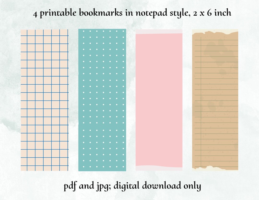 Set of 4 Printable Bookmarks in Notepad Style for Book Lovers/2 X 6 ...