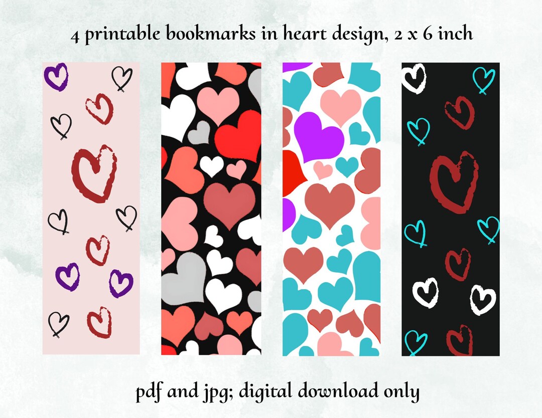 Set of 4 Printable Bookmarks in Abstract Heart Design for Book Lovers/2 ...