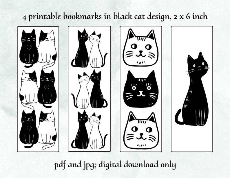 Set of 4 Printable Bookmarks in Black Cat Design for Book and Cat ...