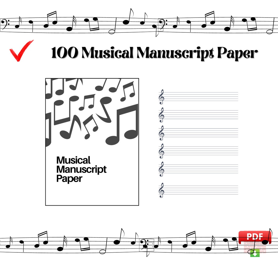 Blank Staff Manuscript Paper: 100 Sheets for Musical Notation - Etsy