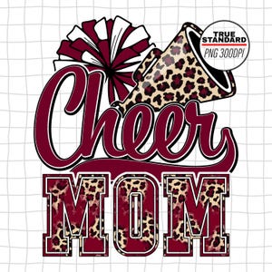 Cheer Mom PNG, Leopard Maroon Cheer Poms & Megaphone Design ...