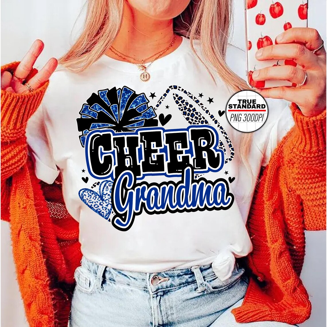 Cheer Grandma PNG Image, Blue Cheer Pom Design, Leopard Glitter Blue ...