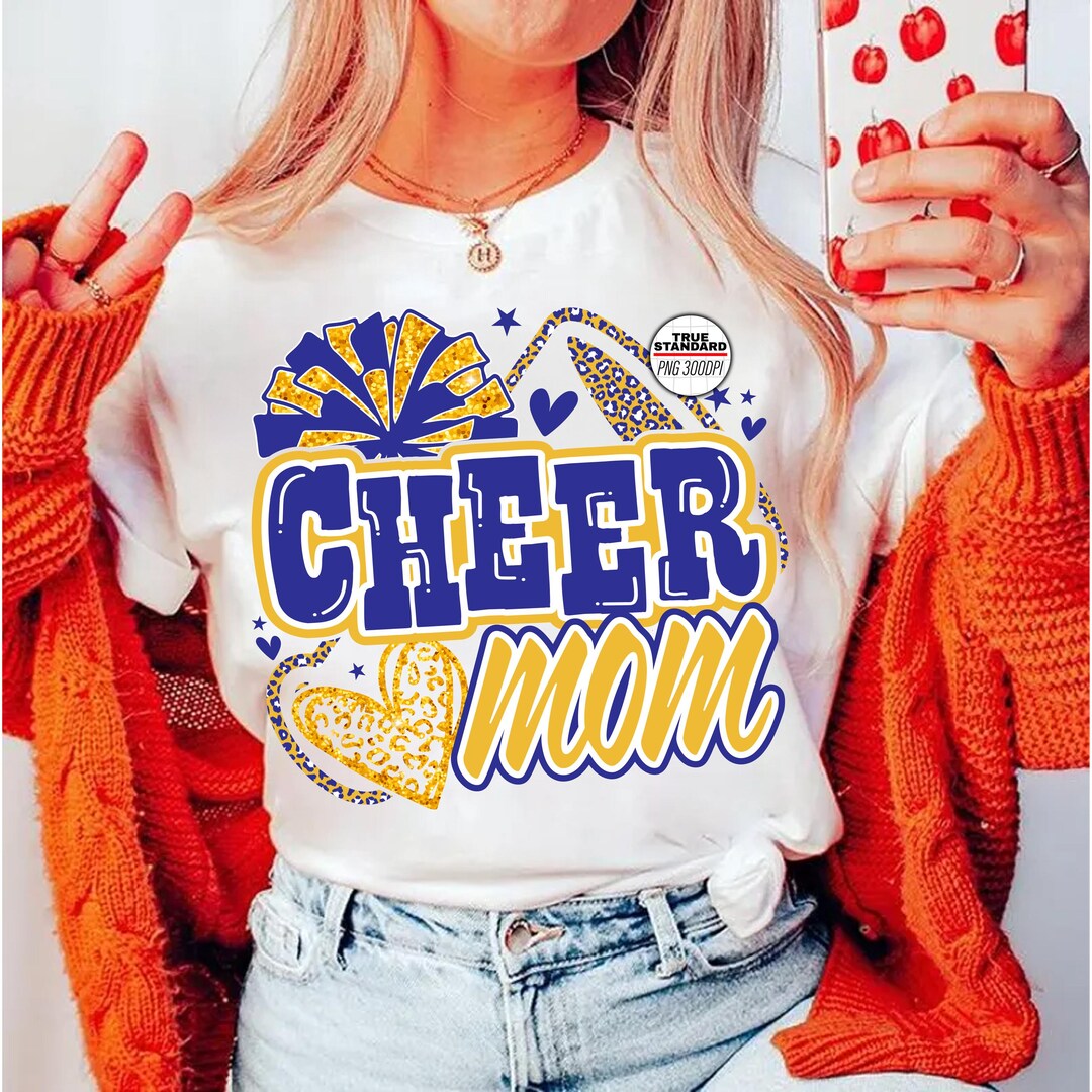 Cheer Mom PNG: Leopard Print Heart, Blue & Yellow Glitter (digital ...
