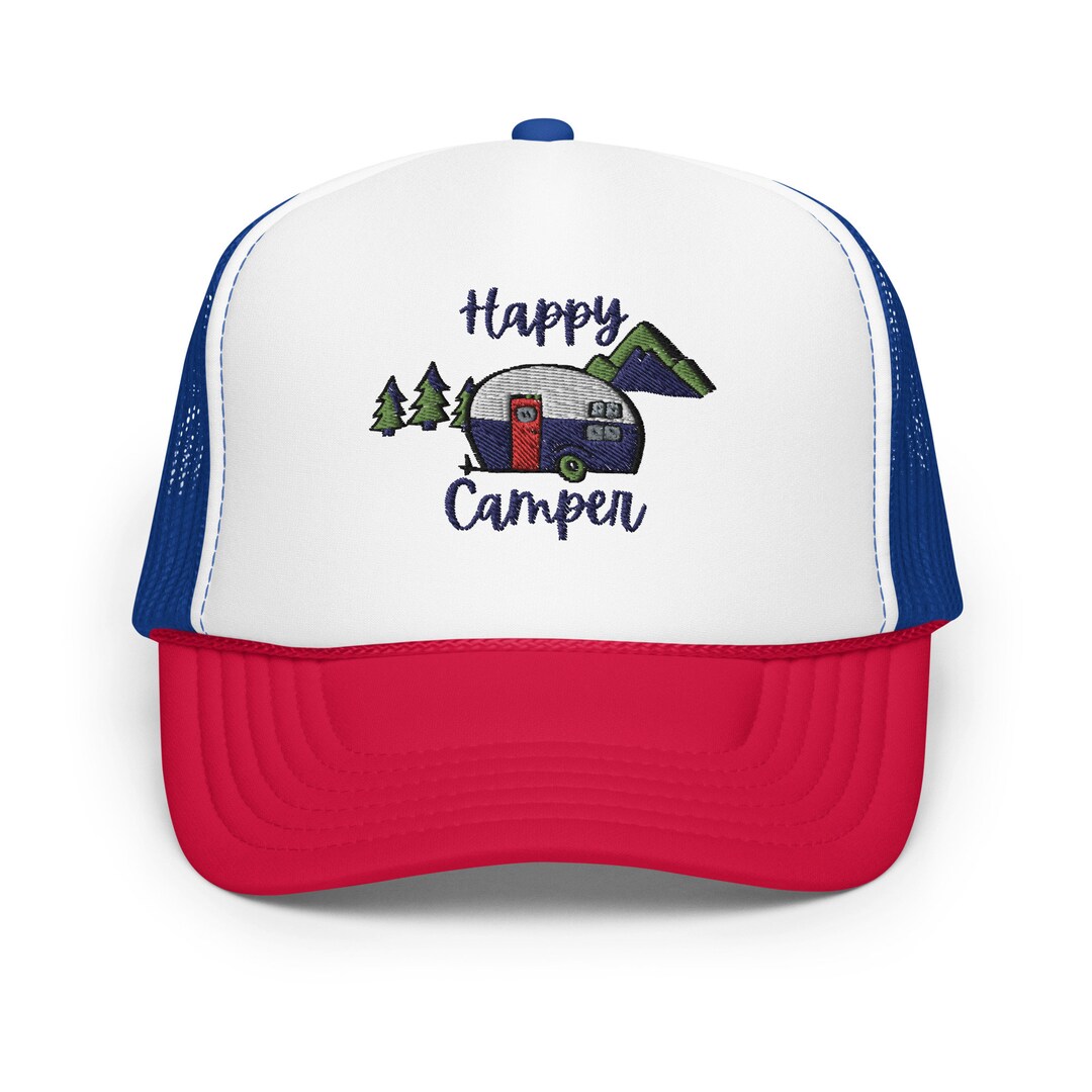 Happy Camper Embroidered Hat, Camping Foam Trucker Hat, Retro RV Camper ...