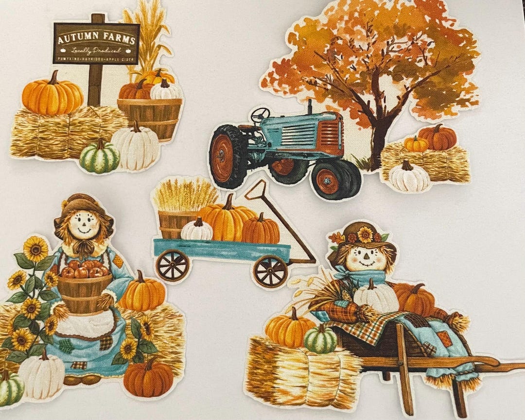 5 Fall Pumpkin Patch Scarecrows and Pumpkins - Iron on Fabric Appliqués ...
