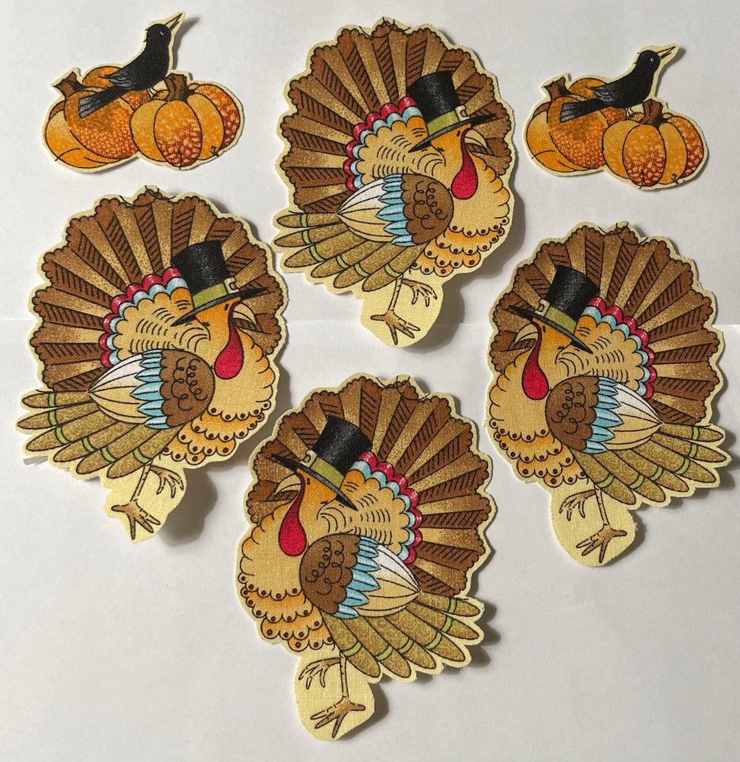 4 Fancy Turkeys for Fall/autumn W/pumpkins and Crows- Iron on Fabric ...