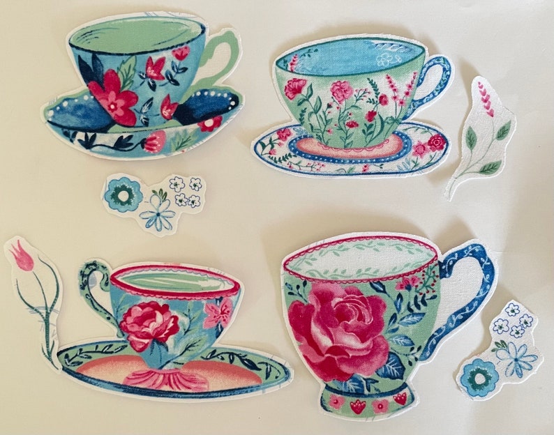4 Sweet Tea Cups or Coffee Cups - Iron on Fabric Appliques - Christmas ...